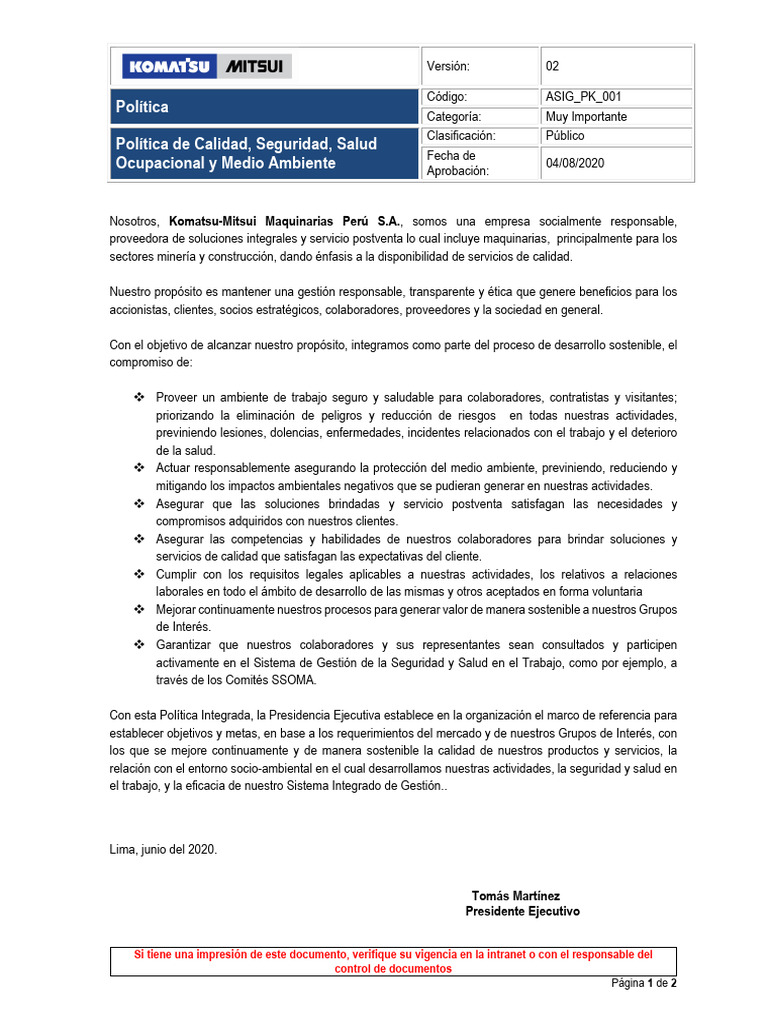 Politica de KMMP | PDF | Calidad (comercial) | Sustentabilidad
