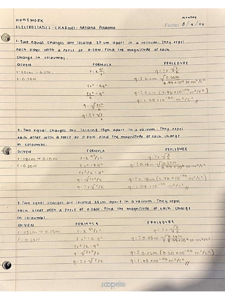 Physics Electrostatics Homework | PDF