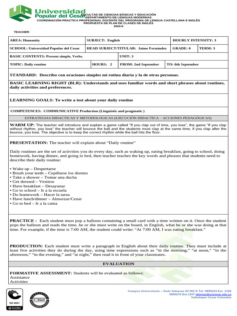 English Class Plan for Daily Routines | PDF | Linguistics | Grammar