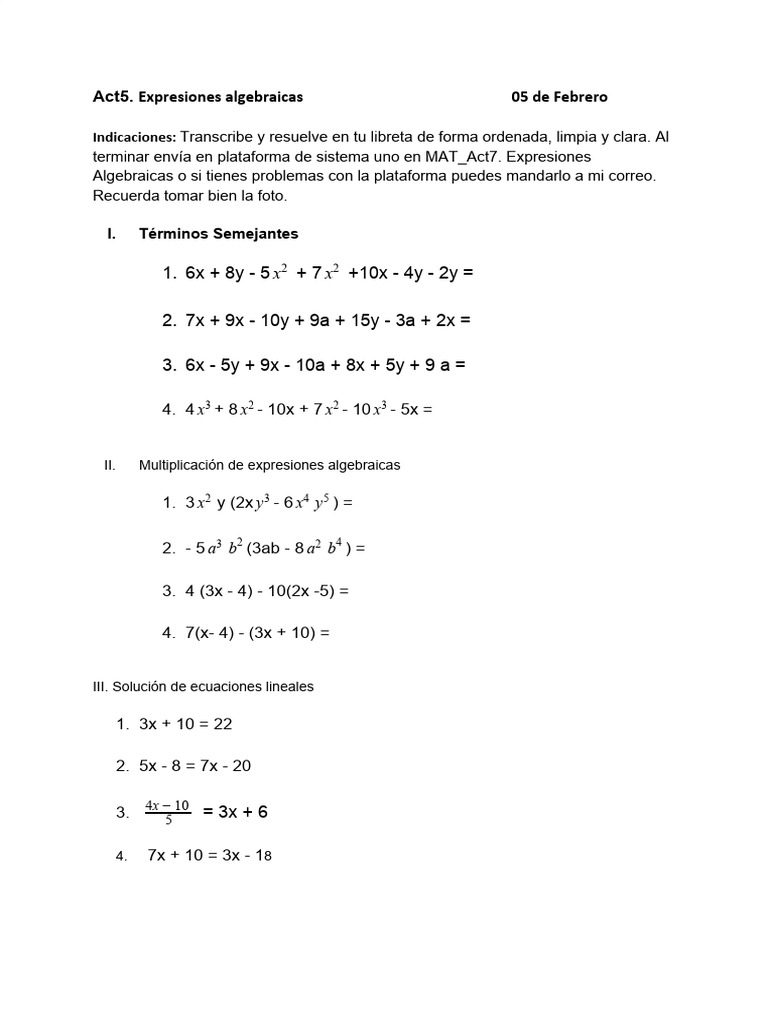 Act7. Expresiones Algebraicas (05 - Febrero) | PDF