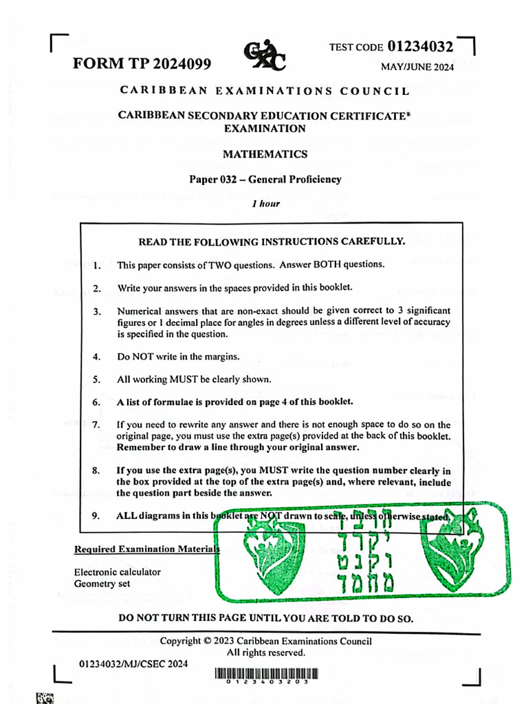 CSEC Math Paper 032 May 2024 Solutions-1 | PDF