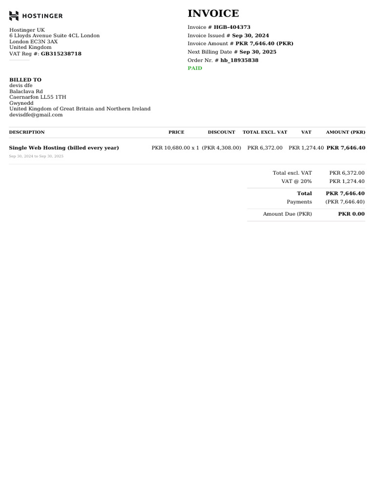 Billed To: Description Price Discount Total Excl. Vat VAT Amount (PKR ...