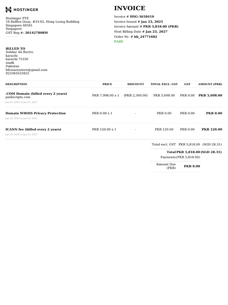 Hostinger Invoice for Domain Services | PDF