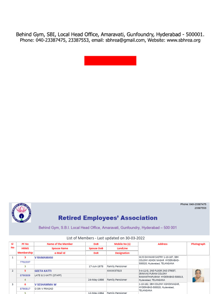 SBH Retired Employees Membership List | PDF