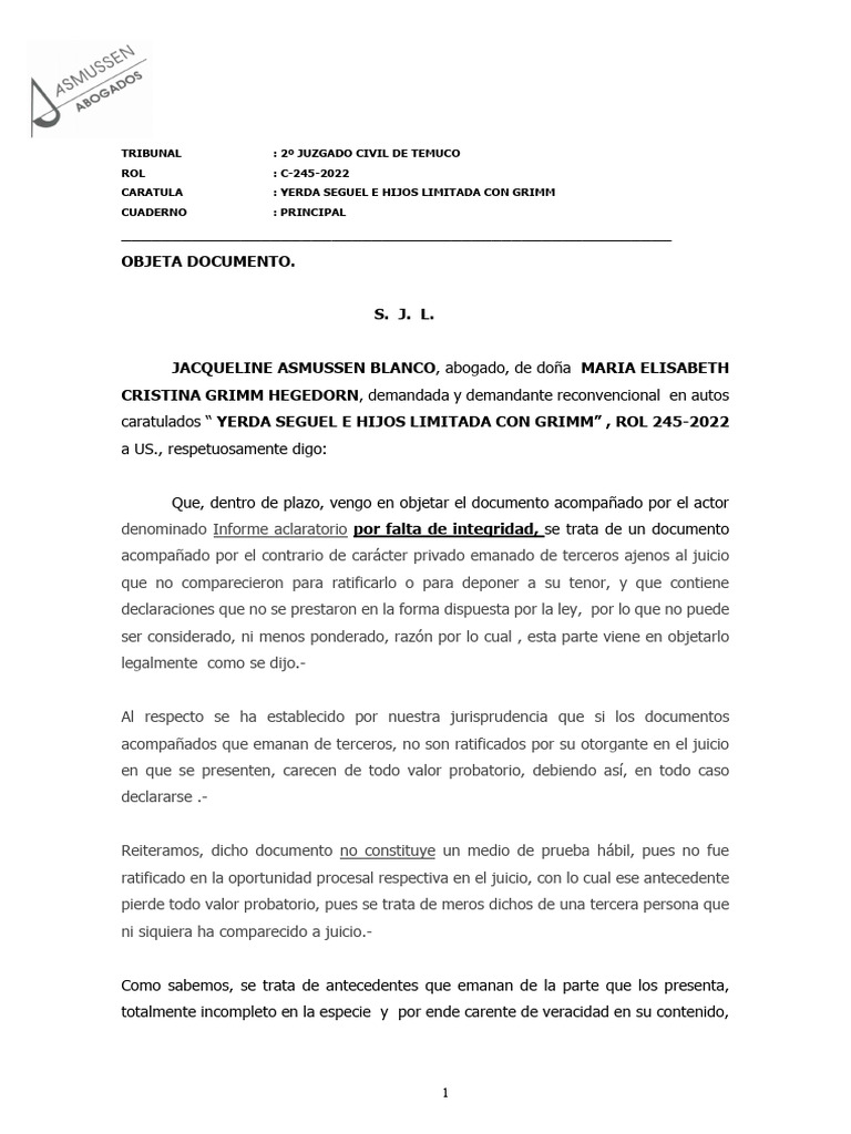 Objeción de Documento en Juicio Civil | PDF | Procedimiento Civil | Ley Pública