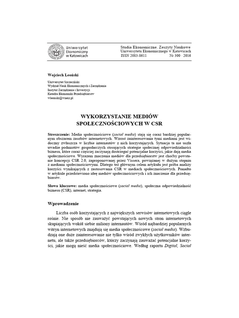 Wykorzystanie Mediów SPO Eczno Ciowych W CSR: Wojciech Leo Ski | PDF