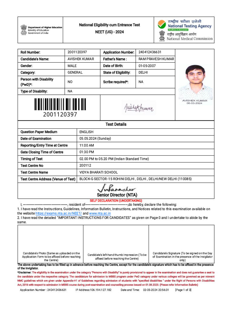Neet - Ntaonline.in Frontend Web Admitcard Index | PDF | Identity Document
