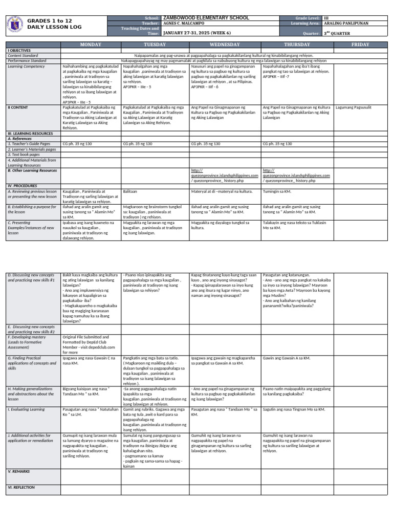 DLL Araling Panlipunan 3 q3 w6 | PDF