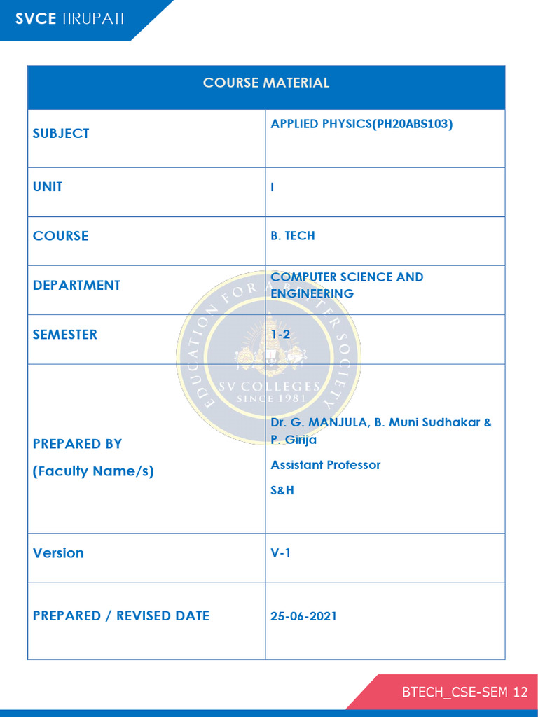 Modified I - I SEM - AP - Course Material Unit-1 | PDF | Diffraction | Optics