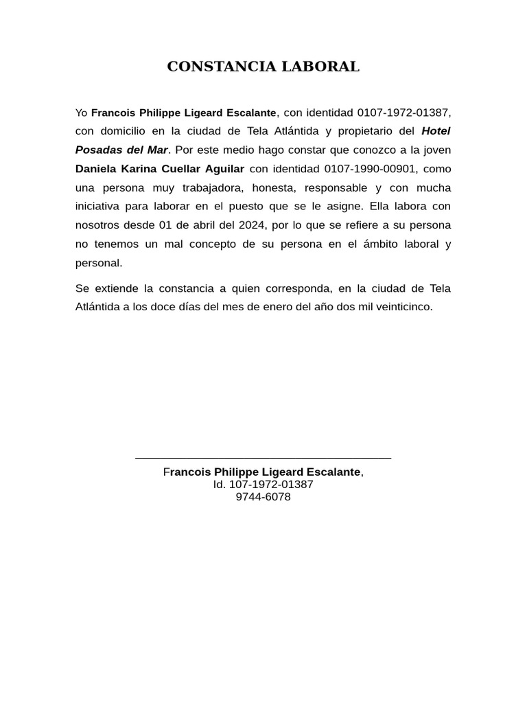 Constancia Laboral y Referencias de Daniela Cuellar | PDF