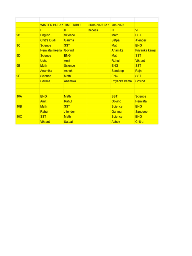 Class Wise Time Table 9th & 10th | PDF