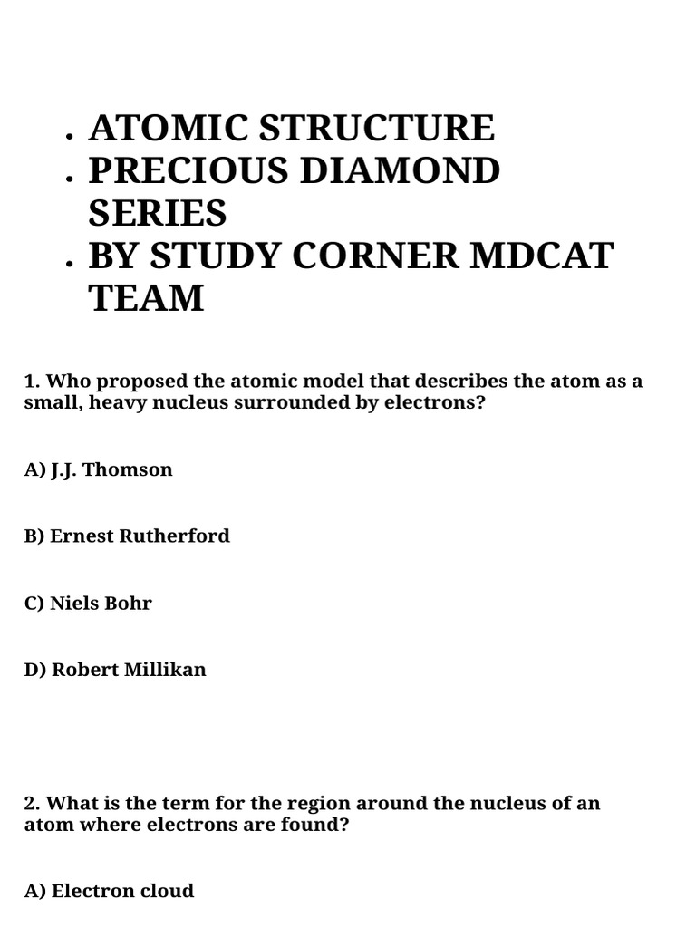 Atomic Structure Test With Key by Study Corner Mdcat Team | PDF | Atoms ...