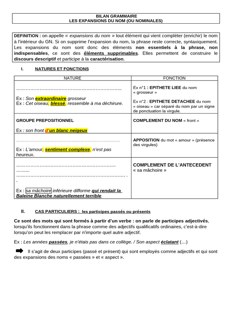 Expansions du Nom : Nature et Fonction | PDF | Phrase | Mécanique du ...
