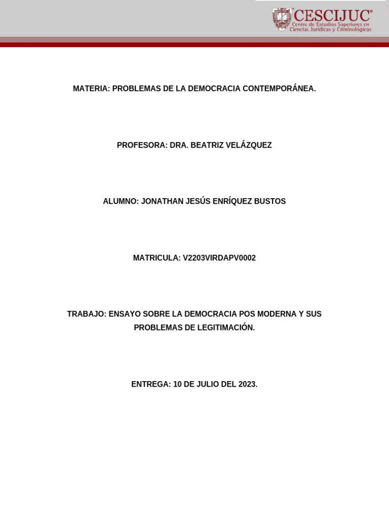 Ensayo La Democracia Post Moderna y Sus Problemas de Legitimacion | PDF ...