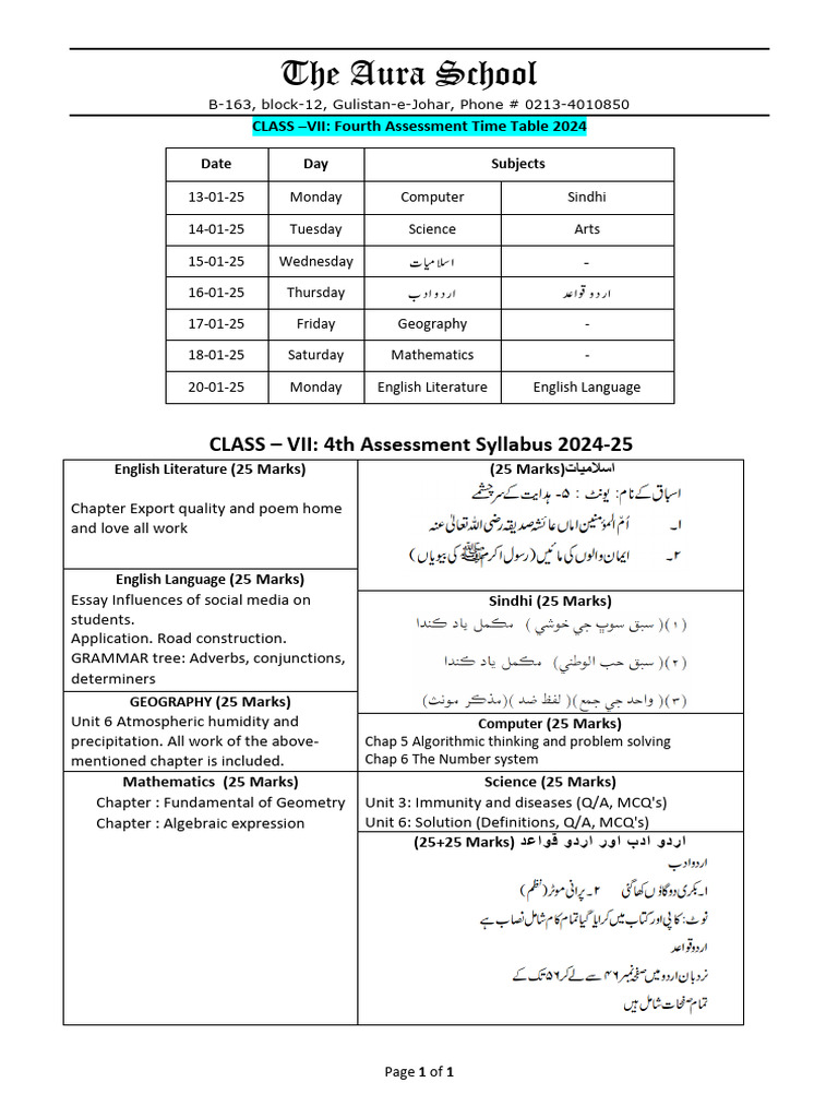 7-Class-4th Assesment Syllabus 2024 | PDF