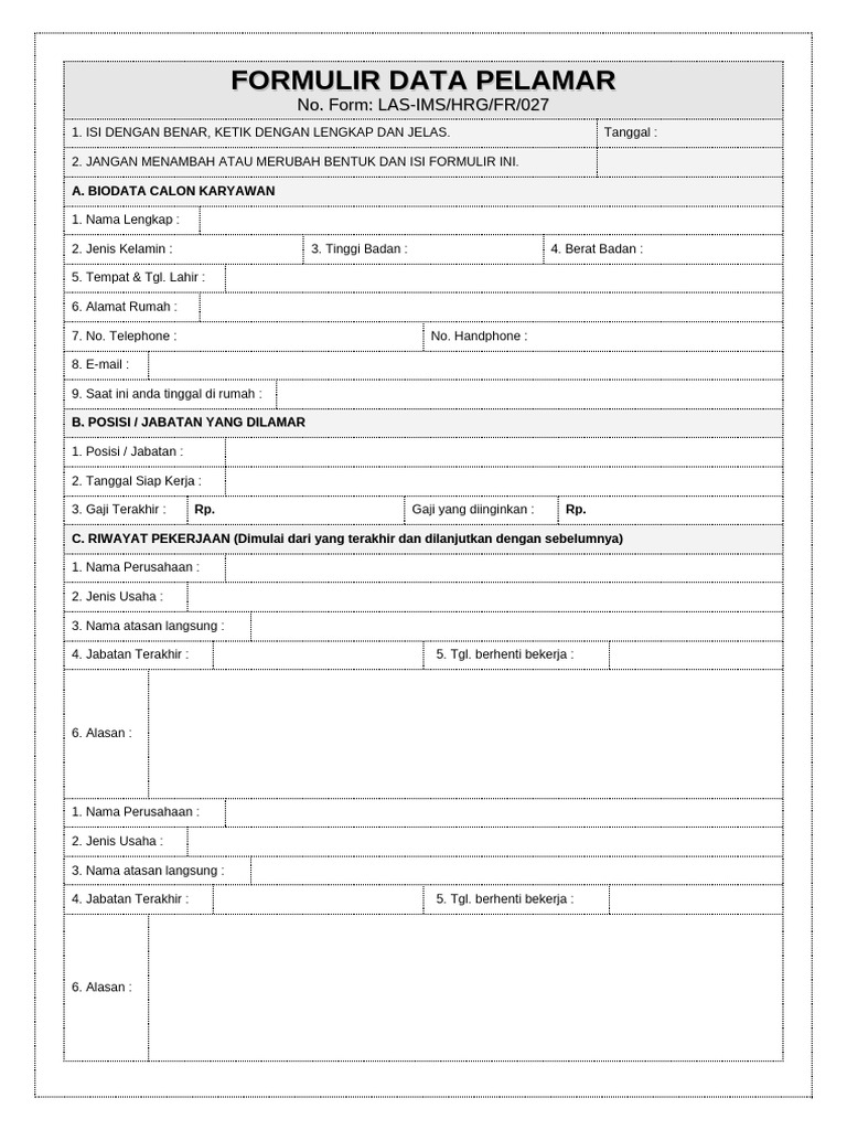 Formulir Data Pelamar Kerja | PDF