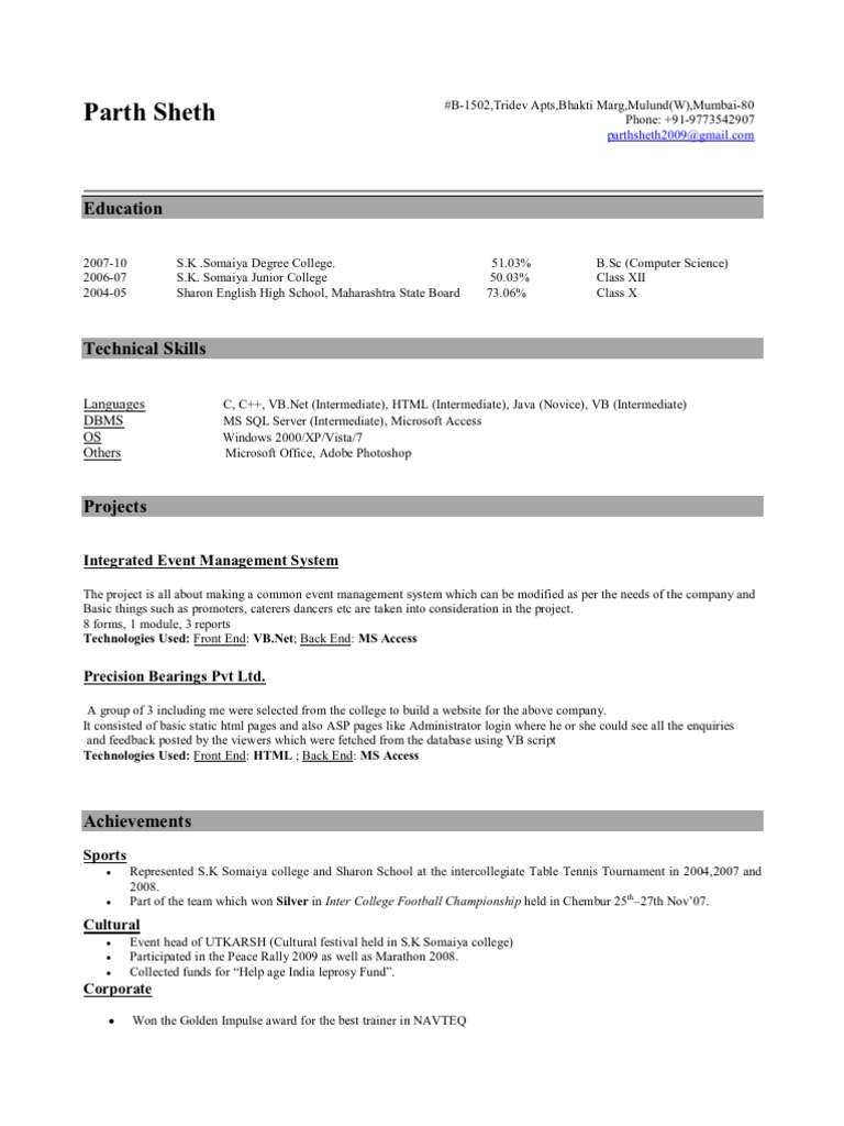 Parth Sheth - Resume | PDF | Microsoft Access | Microsoft