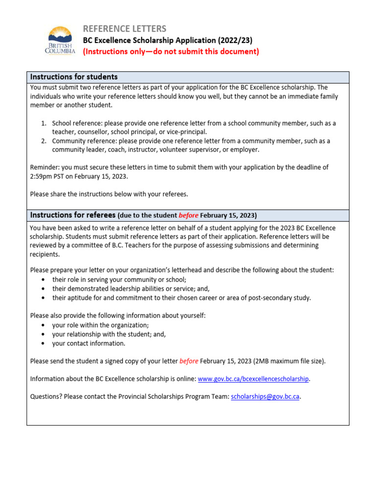 Bces - Reference Letter Instructions - BC Excellence 2022-23 | PDF