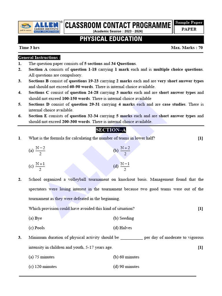 ALLEN Sample Paper Physical Education Paper | PDF | Tournament | Force