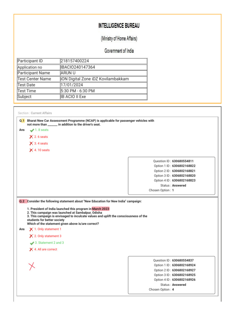 IB ACIO II Answer keys | PDF
