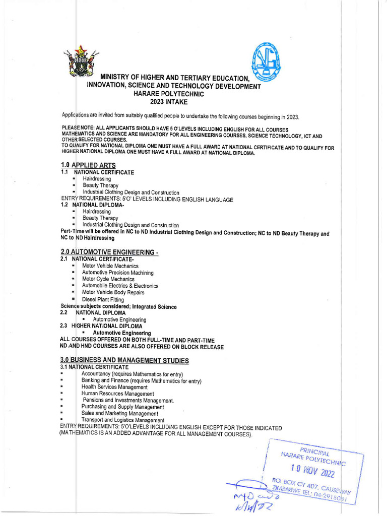 Harare Polytechnic 2023 Advert | PDF | Diploma | Engineering