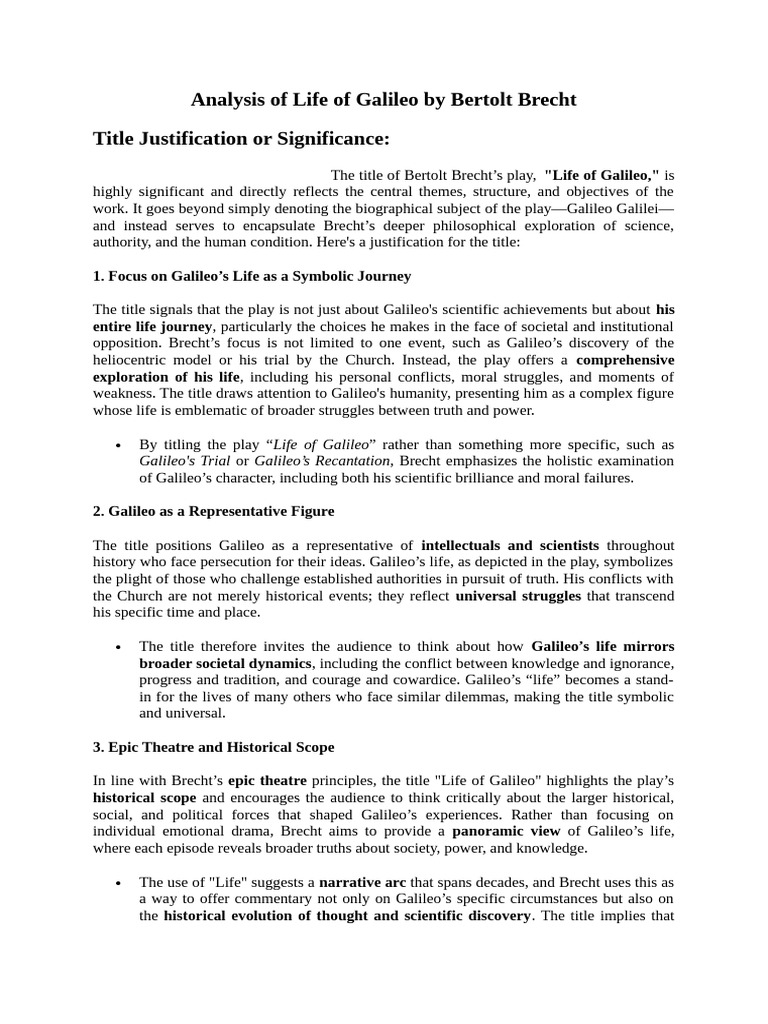 Analysis of Life of Galileo by Bertolt Brecht | PDF