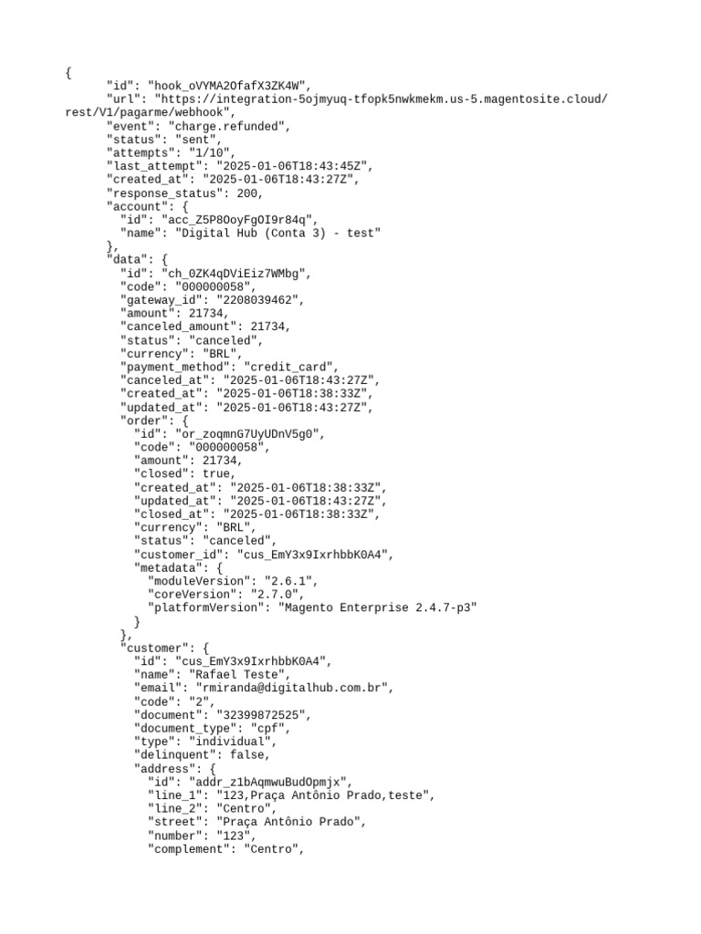 Webhook Exemplo Charge Refunded Order | PDF | Payments | Banking Technology