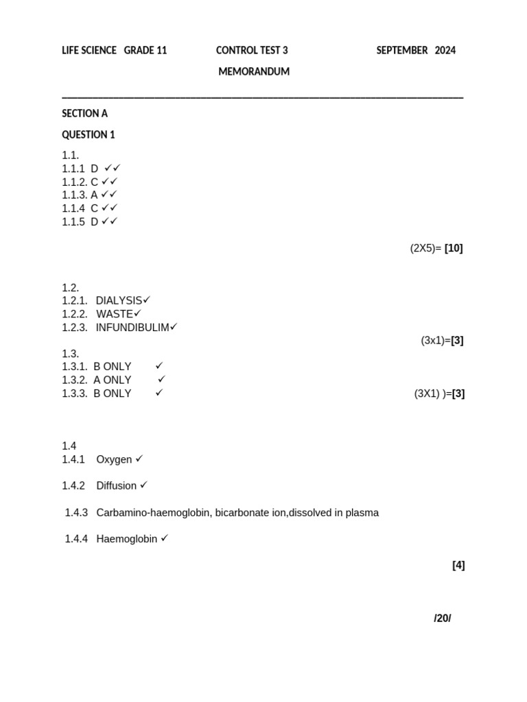 Grade 11 Life Science Control Test 3 | PDF | Kidney | Glucose