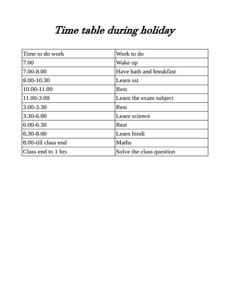 Holiday Study Timetable Guide | PDF
