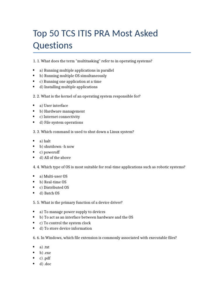 Top 50 TCS ITIS PRA Questions | PDF