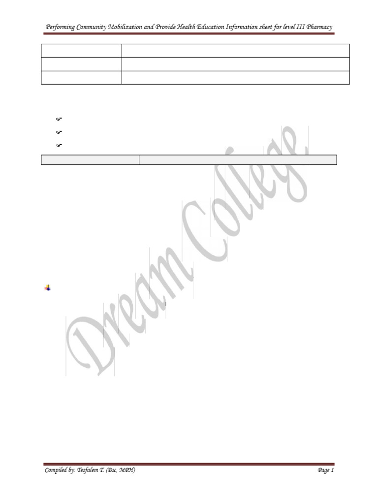 Community Mobilization and Health Education Information Sheet Handout ...