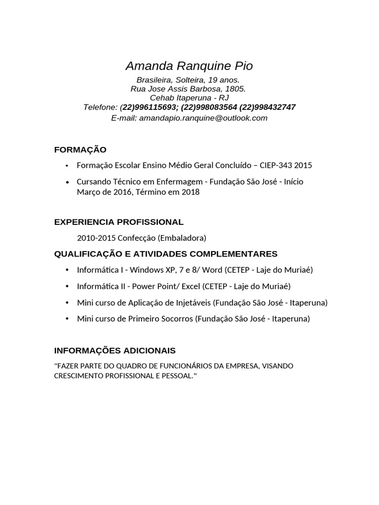 Amanda (Curriculo) (Amanda Ranquine Pio) | PDF