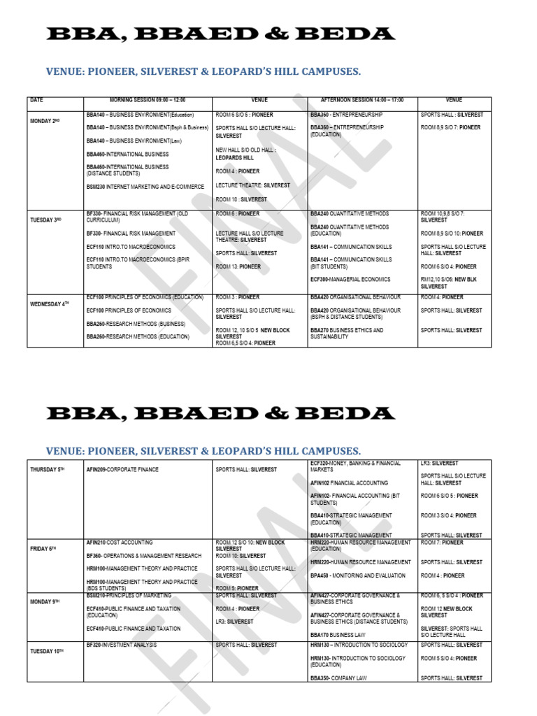BBA & BEDA Exam Timetable Dec 2024 | PDF | Economies | Business