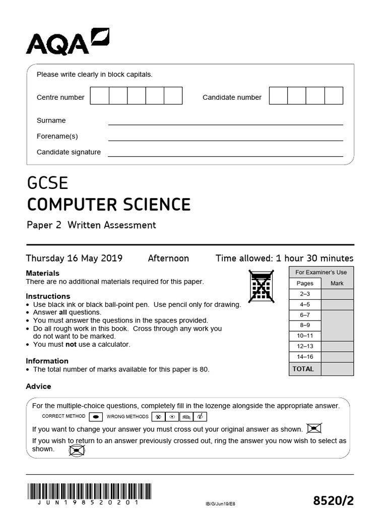 Aqa Gcse Computer Science Paper 2 Qp Pdf Computer Data Storage Computer Network