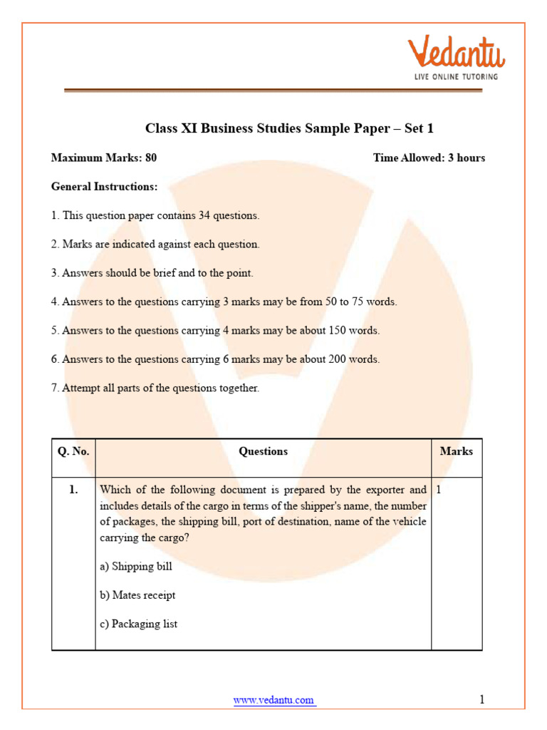 CBSE Class 11 Business Studies Sample Paper Set 1 With Solutions | PDF ...