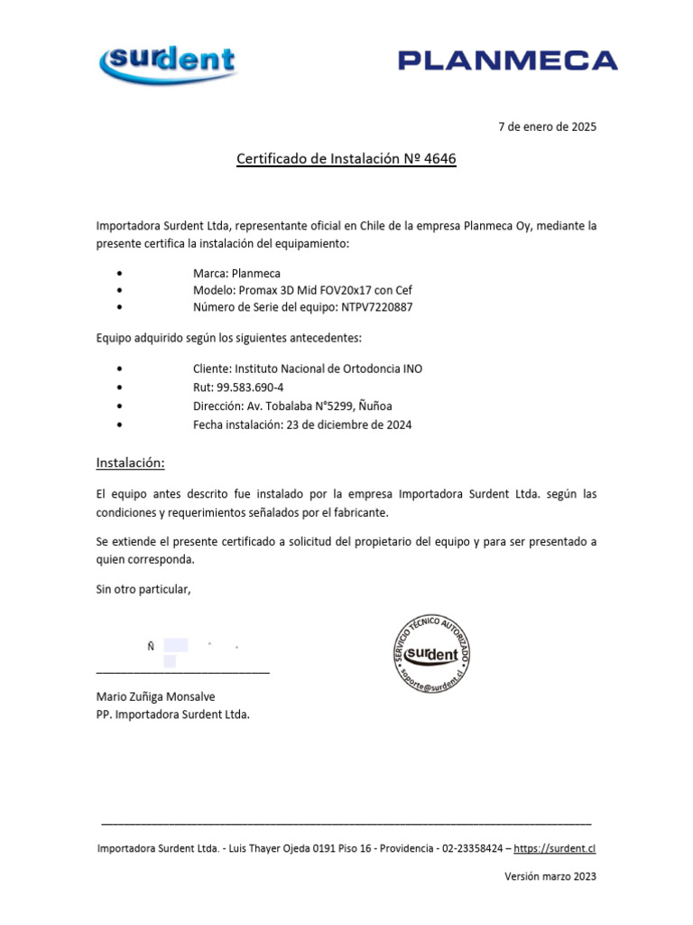 Certificado Instalacion Planmeca_4646 | PDF