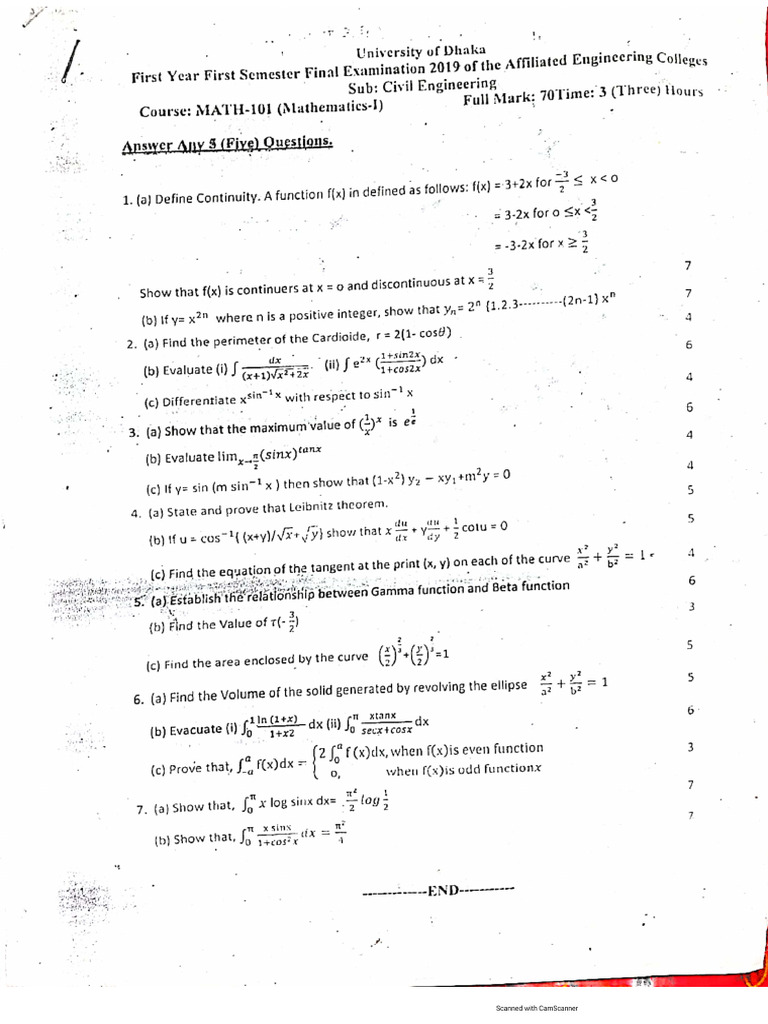 First Year First Semester Final Exam 2019 All Question Paper | PDF