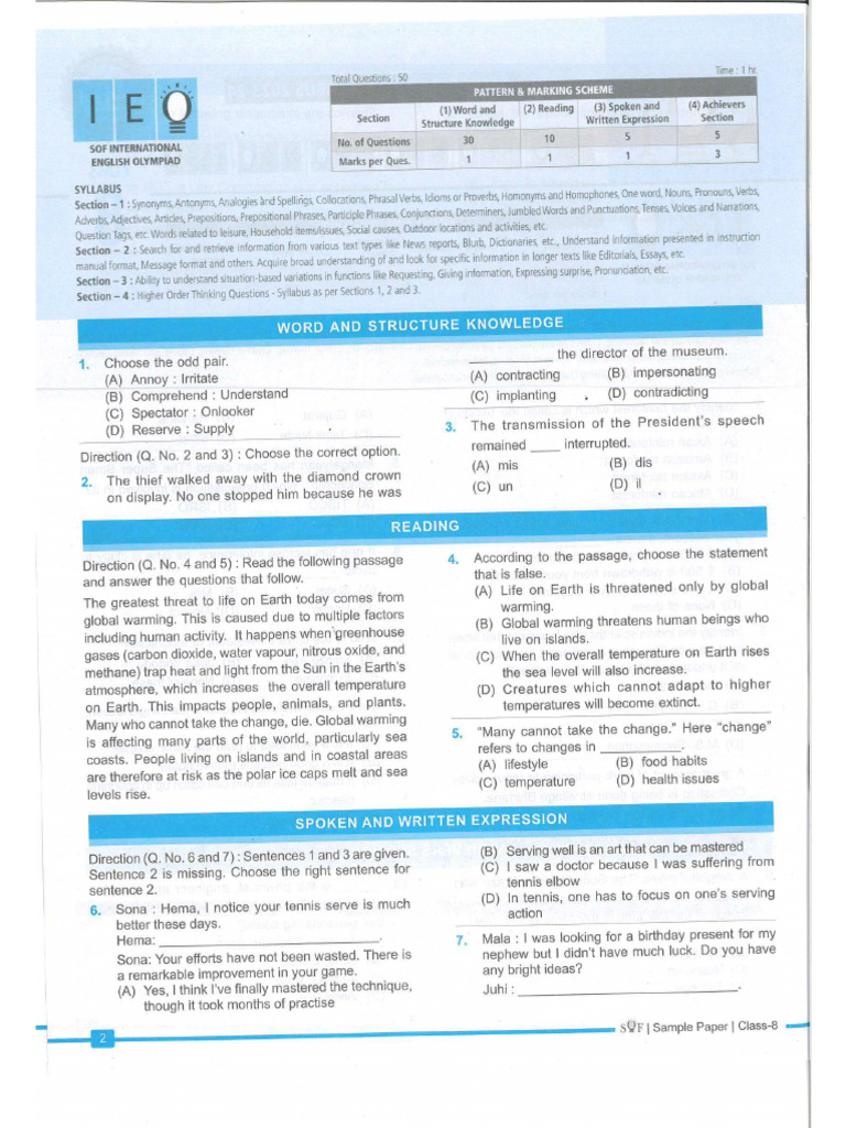 SOF Class 8 Sample Papers Page 2 | PDF