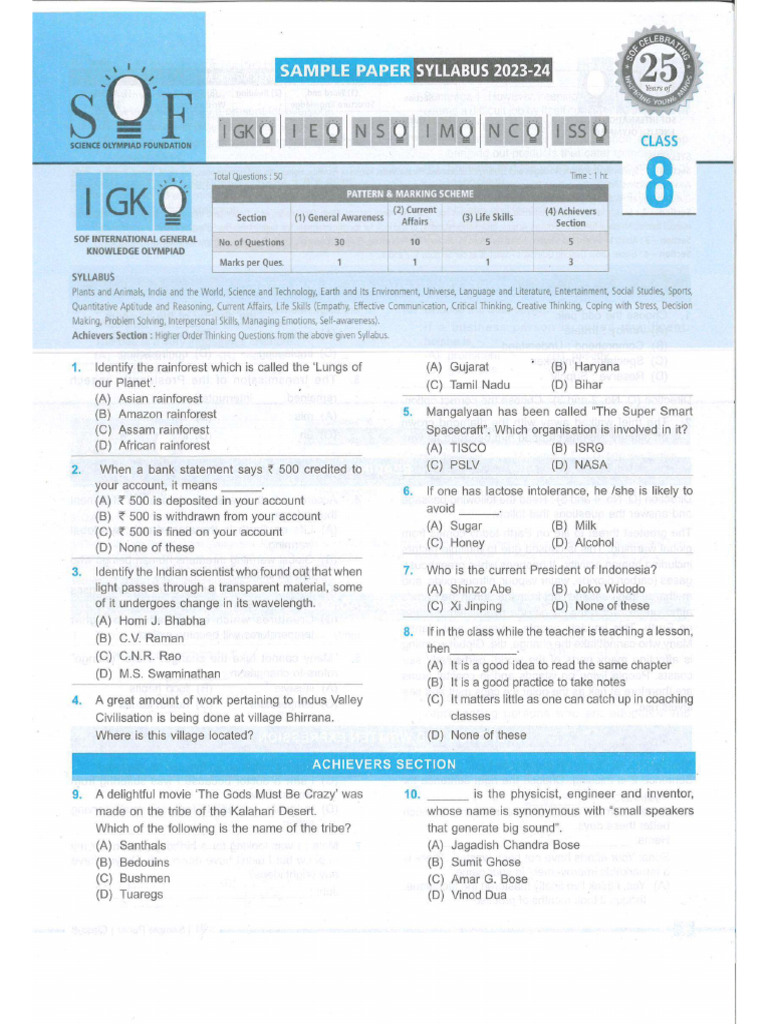 SOF Class 8 Sample Papers Page 1 | PDF