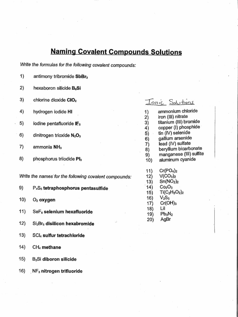 Naming Ionic and Covalent Compounds WKST Key | PDF