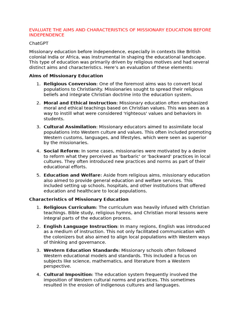 Evaluate The Aims and Characteristics of Missionary Education Before Independence | PDF ...