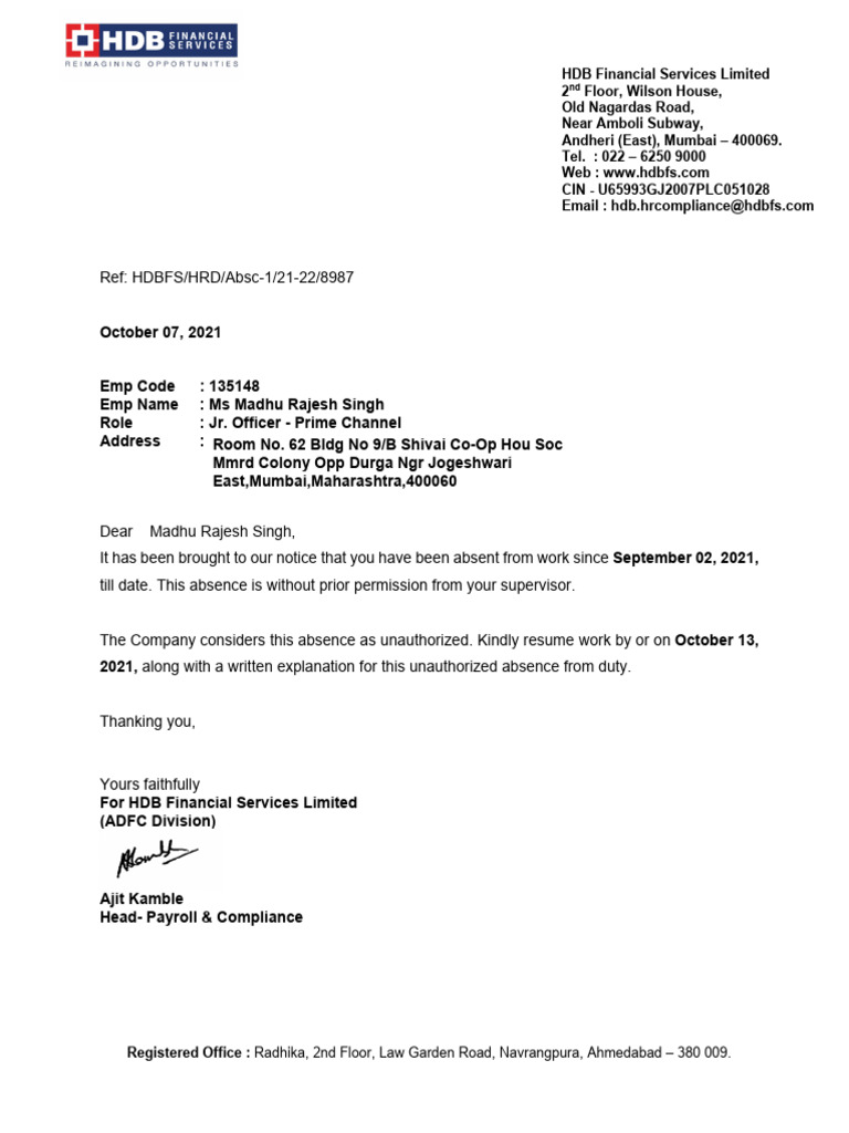 Absconding Letter | PDF