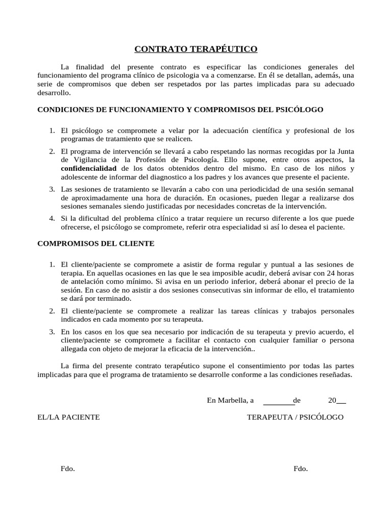 Contrato Terapeutico Pdf Terapia Psicólogo
