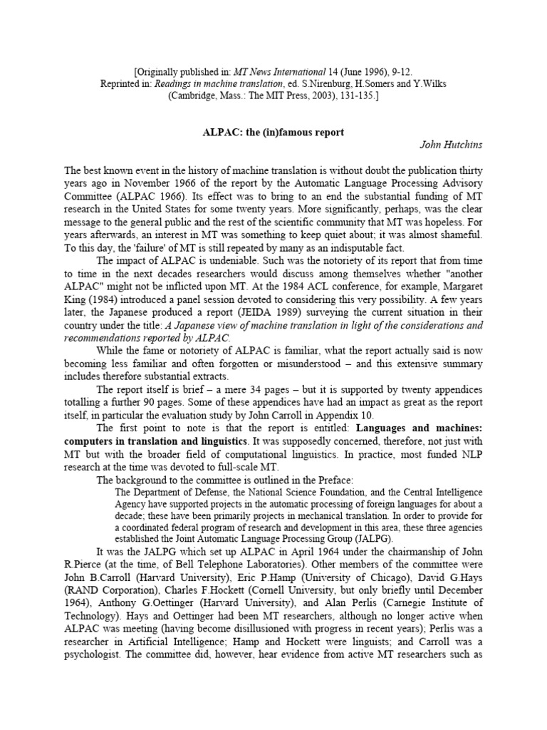 John Hutchins Sobre El Informe ALPAC | PDF | Translations | Linguistics