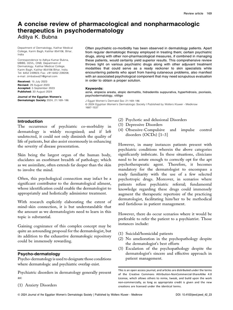 A Concise Review of Pharmacological and Nonpharmacologic Therapeutics in Psychodermatology | PDF ...