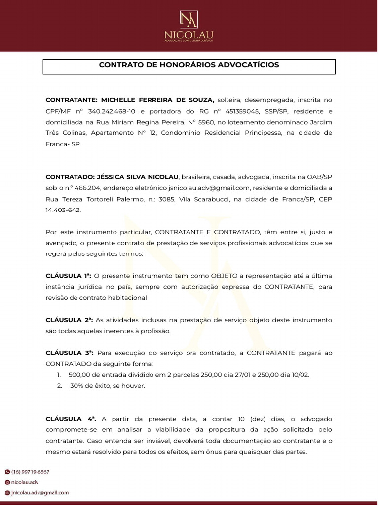 Contrato de Honorários (Michele) | PDF | Advogado | Direito Privado