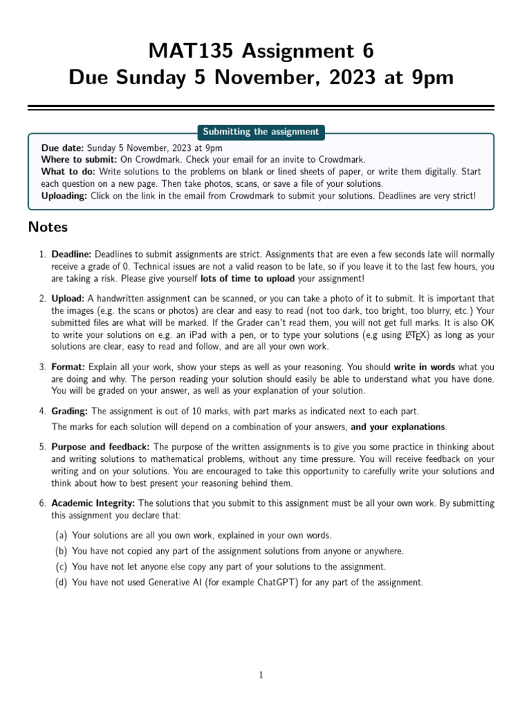 MAT135 Written Assignment 6 F2023 Questions | PDF