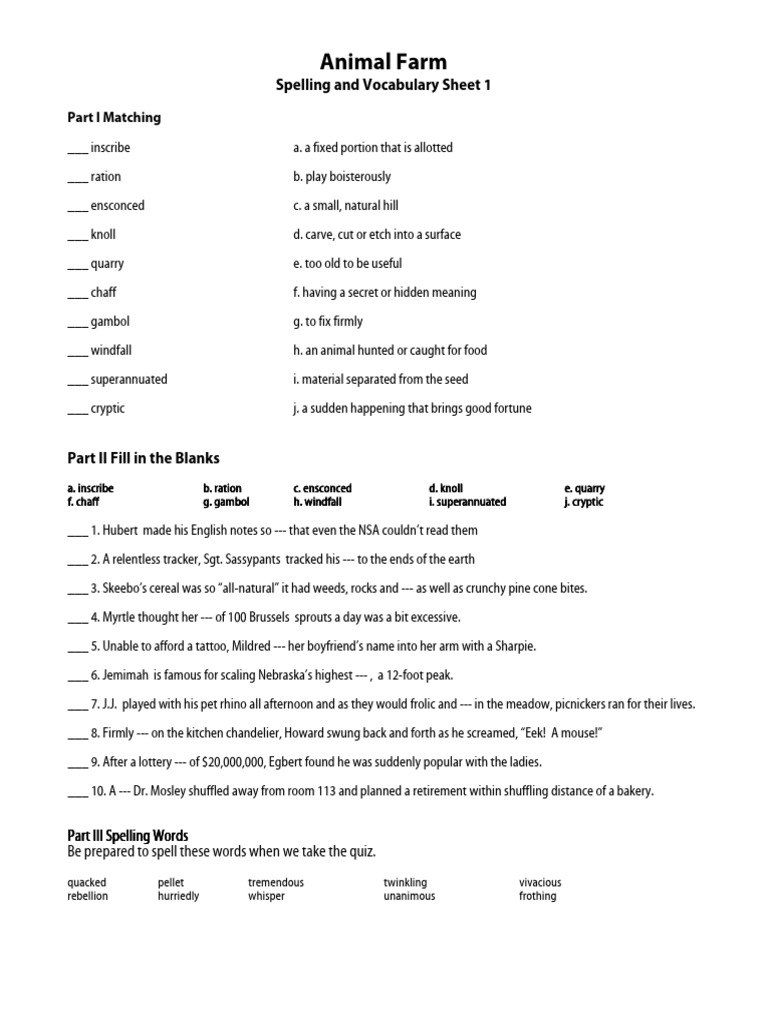 Animal Farm: Spelling and Vocabulary Sheet 1 | PDF