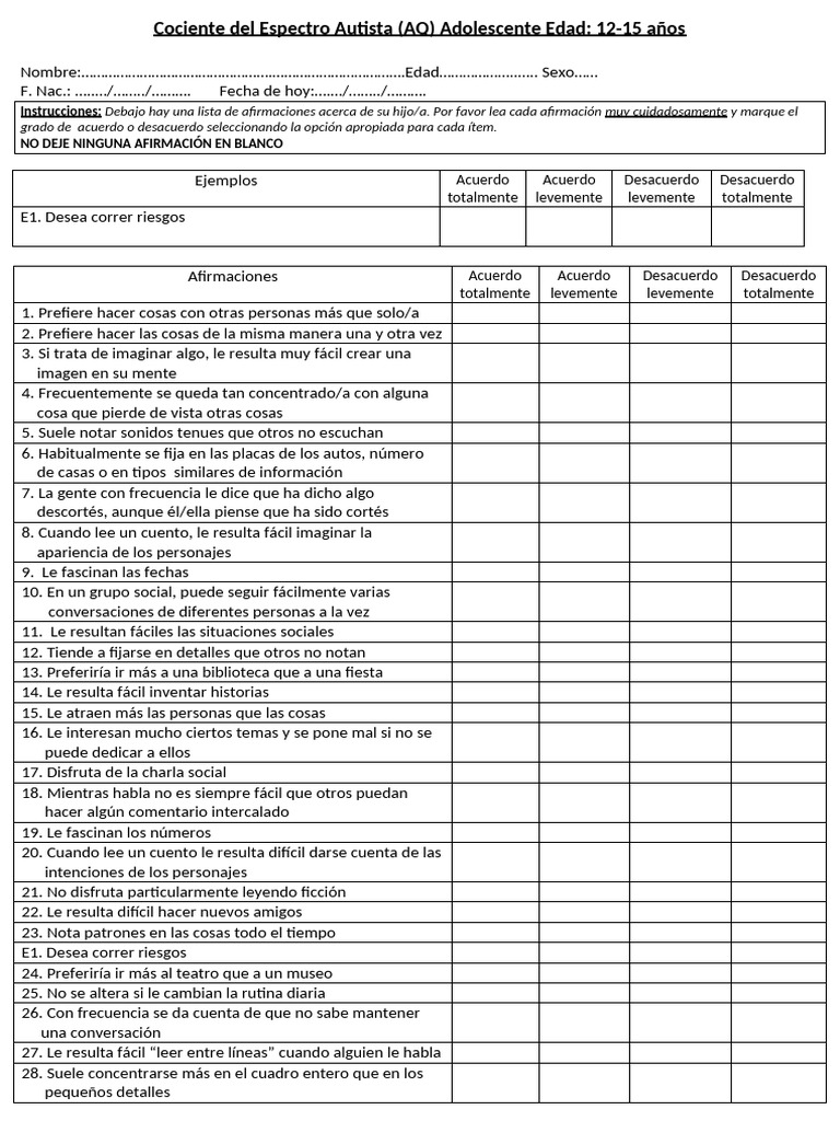 Test AQ-10 para Adolescentes 12-15 Años | PDF
