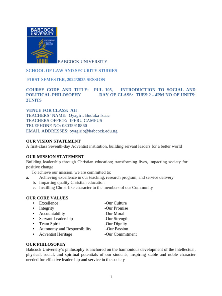 Introduction To Law Course Outline 2024 | PDF | Academic Dishonesty